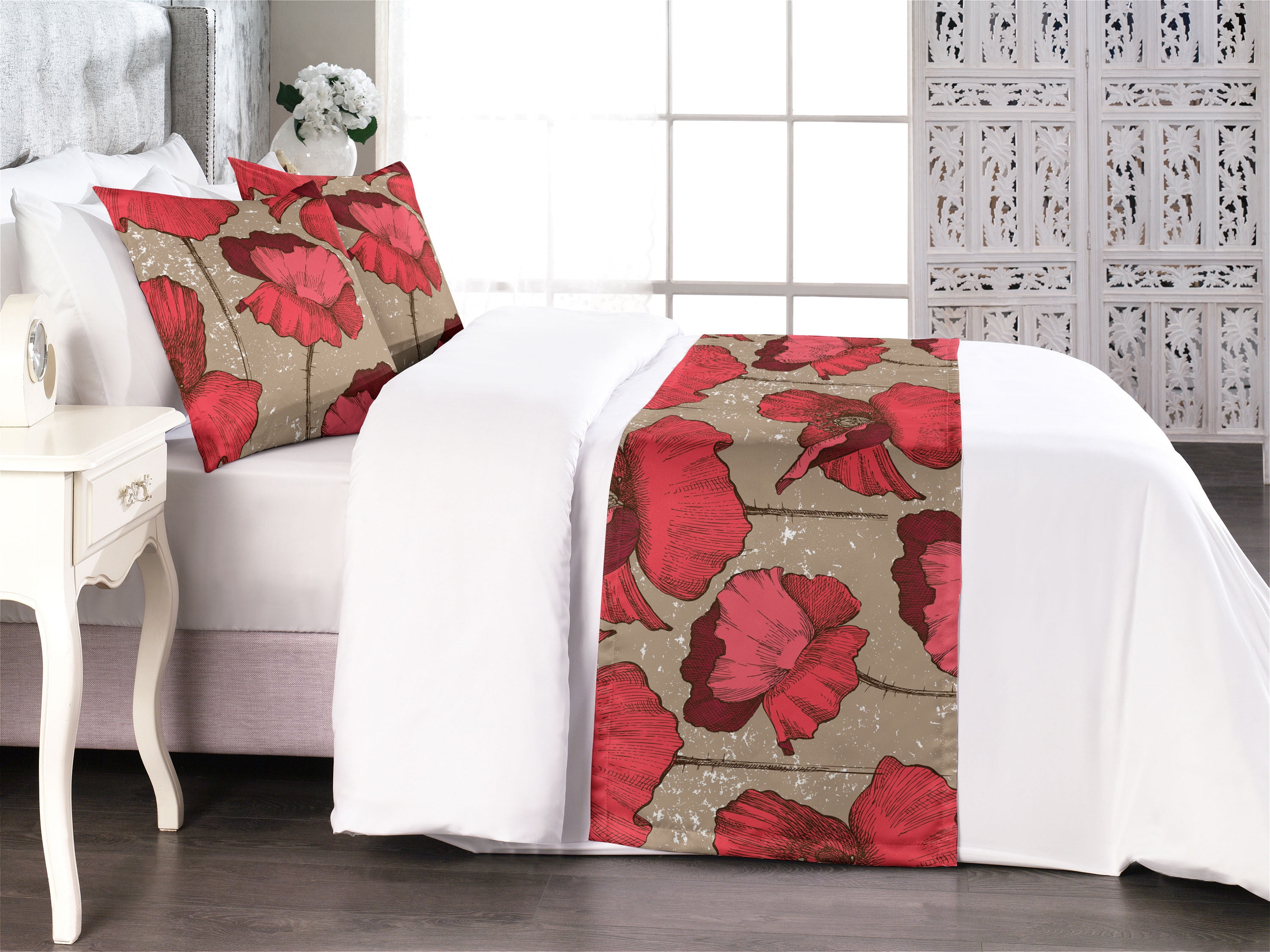 Poppy Bed Runner Set, Retro Style Garden Floral Blooming Ornament on ...