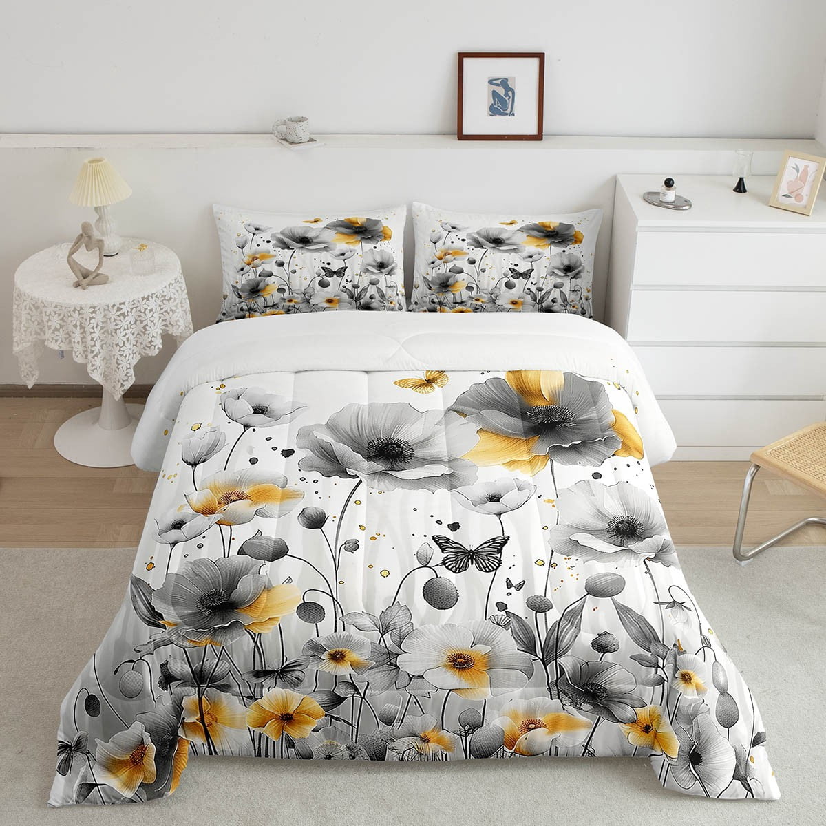Poppy Bedding Sets White Flowers Comforter Set,Butterfly Decorative ...