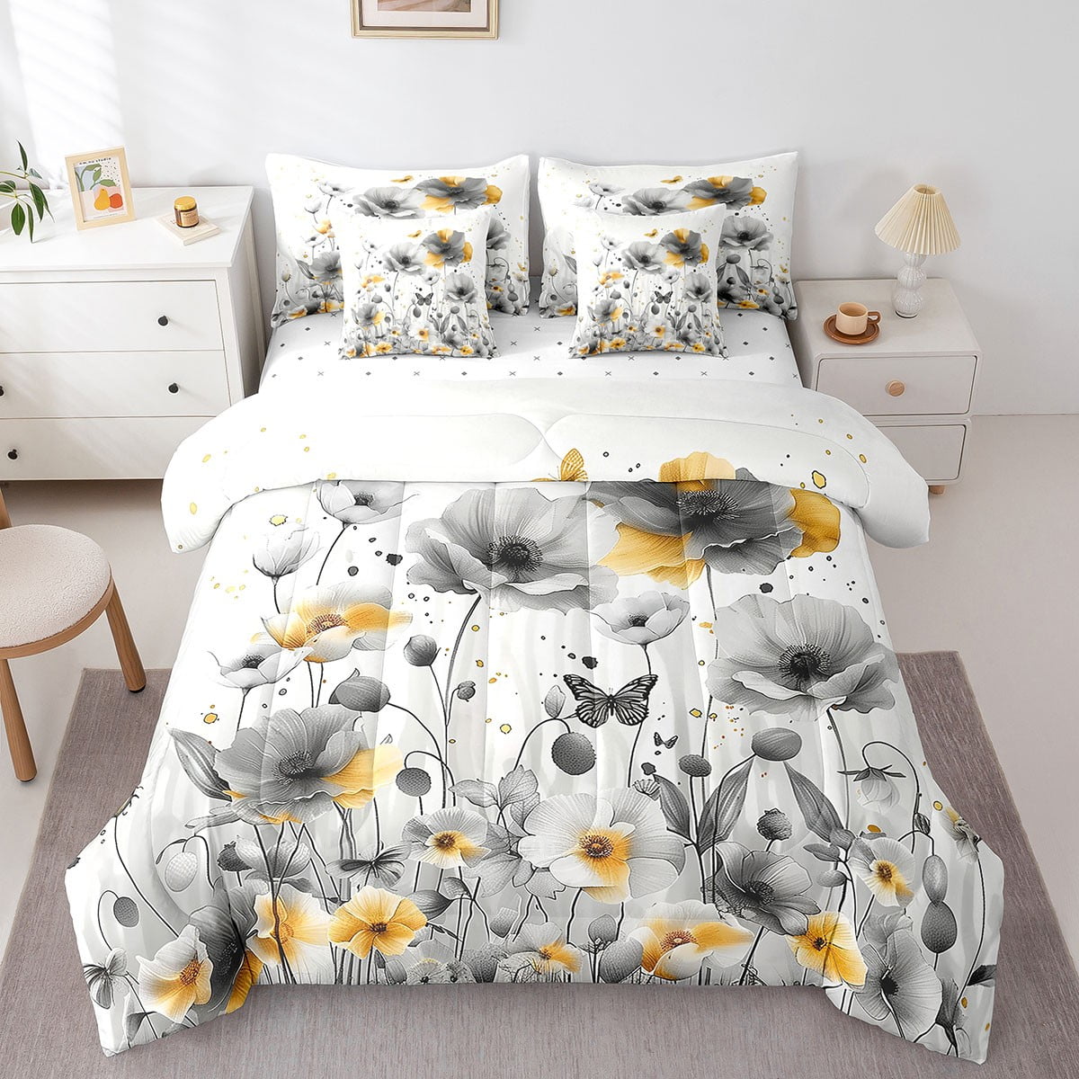 Poppy Comforter Set White Flowers Bedding Set 7 Pieces,Butterfly ...