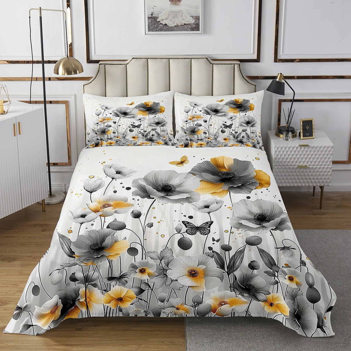 Poppy Coverlet Set White Flowers Bedspread Set,Butterfly Decorative ...