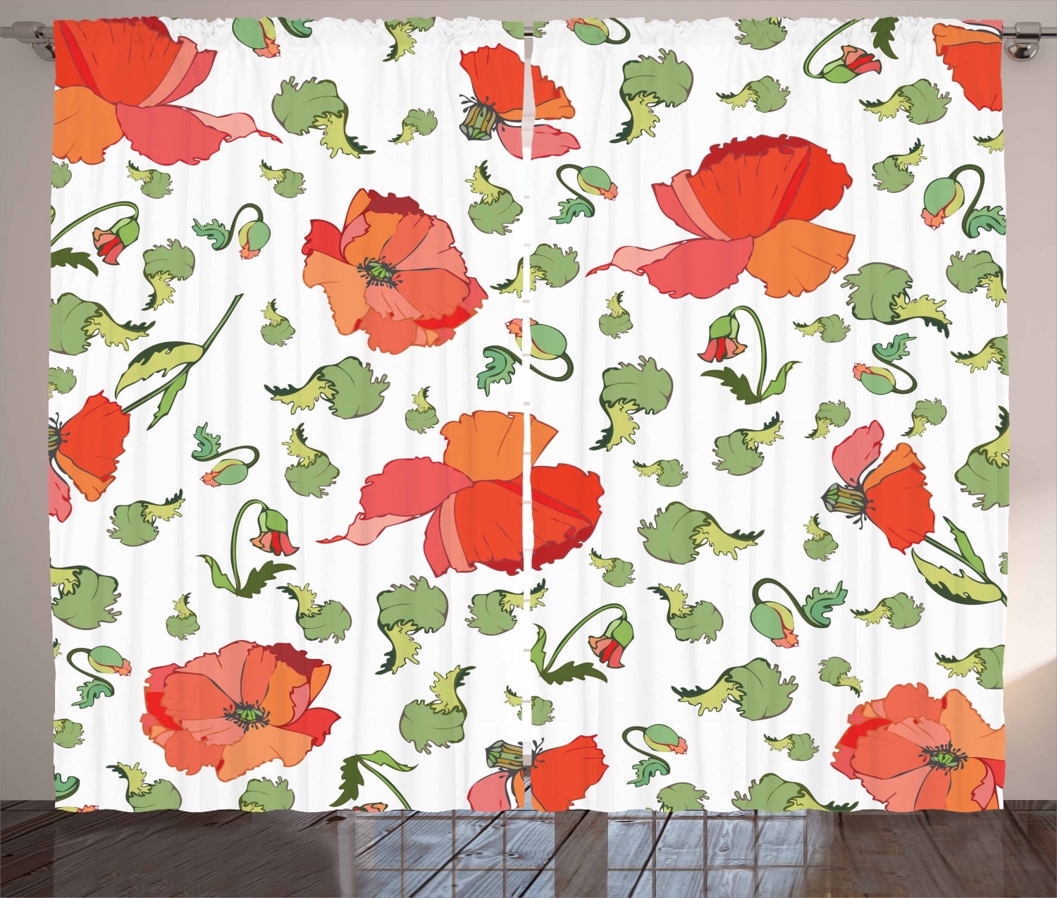 Ambesonne Poppy Flower Curtains 2 Panel Set, Buds Blossoms Leaves, 108 ...