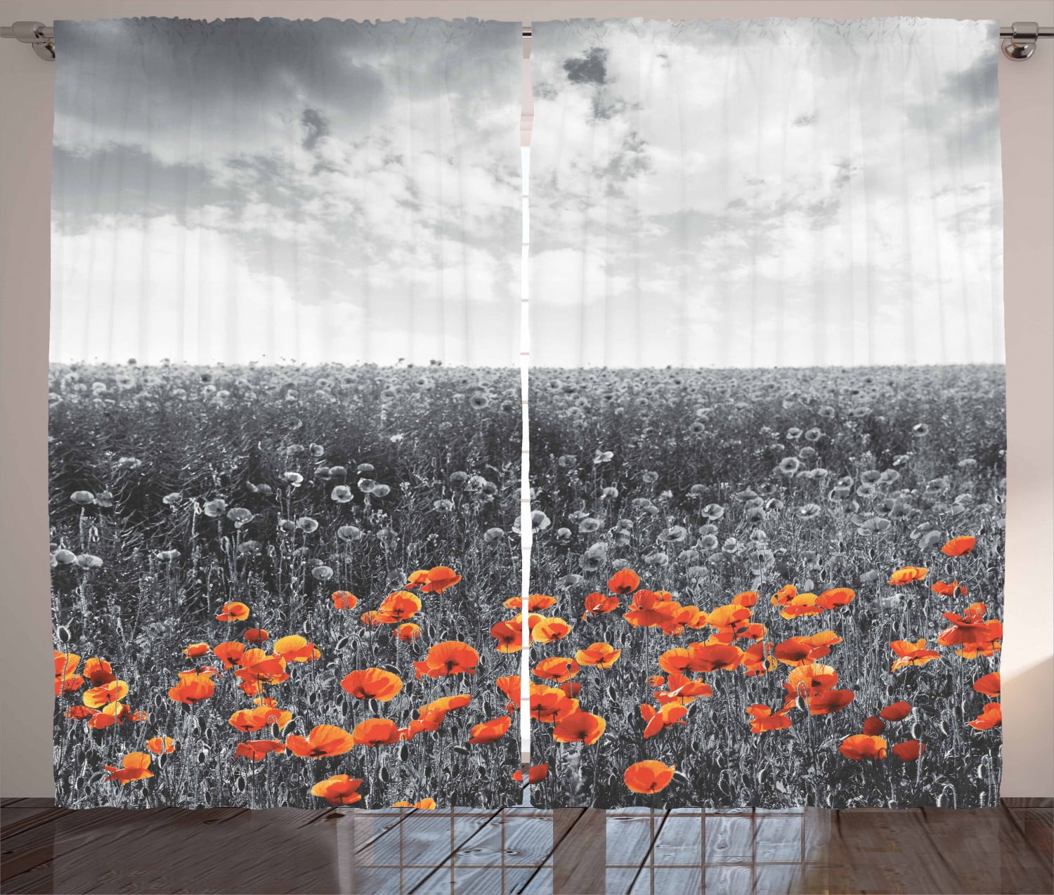 Ambesonne Poppy Flower Curtains 2 Panel Set, Field Greyscale Design ...