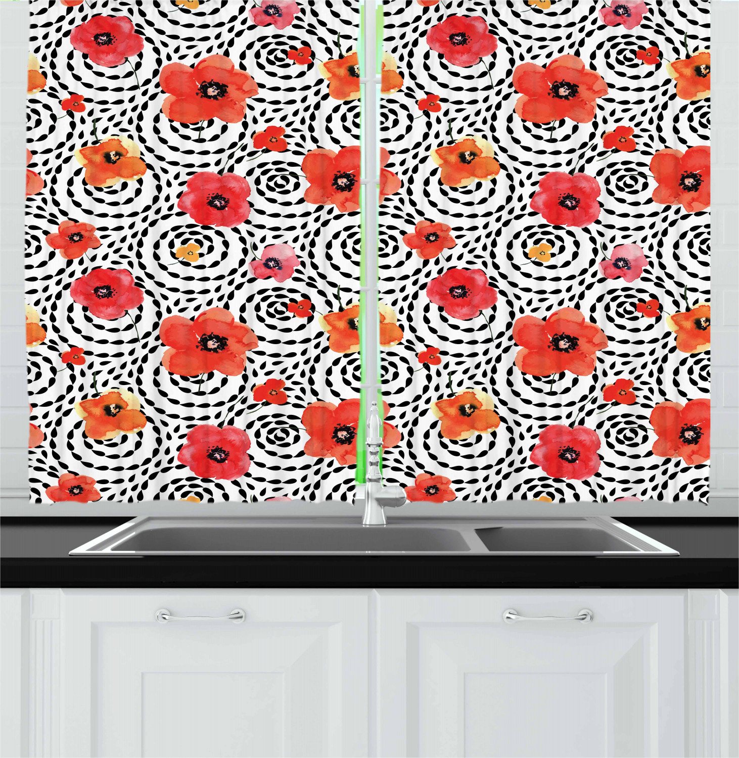 Poppy Curtains 2 Panels Set, Watercolor Tender Poppy Petals on Black ...