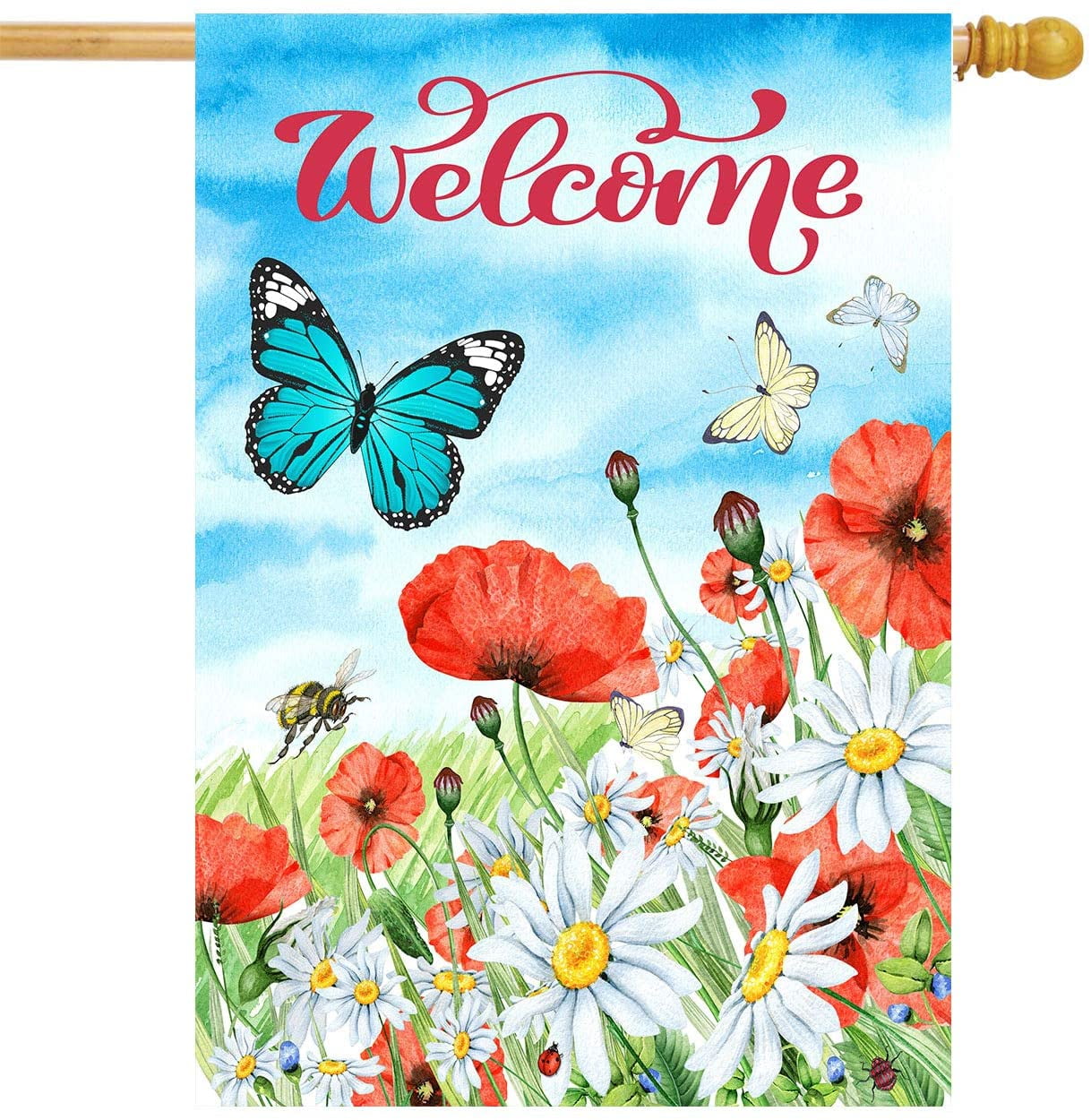 Poppy Daisy Field Butterfly House Flag Double Sided Hello Spring ...