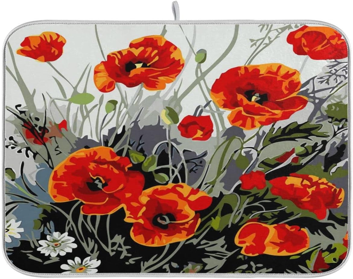 Poppy Dish Drying Mat 18x24 inch for Kitchen Vintage Red Orange Floral ...