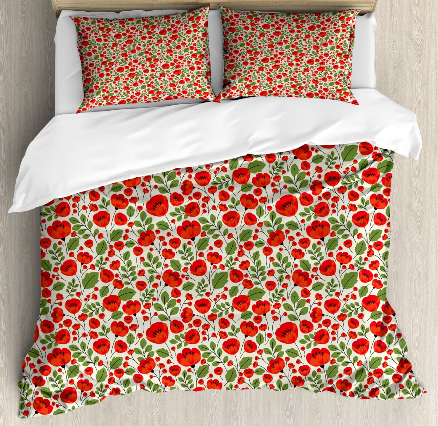 Poppy Duvet Cover Set King Size, Abstract Floral Arrangement Doodle ...