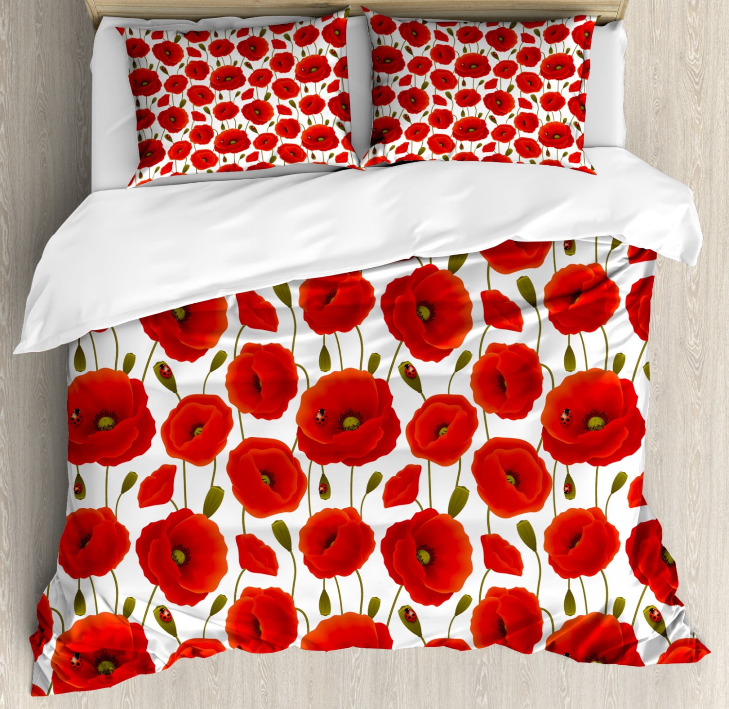 Poppy Duvet Cover Set King Size, Spring Flowers with Ladybugs Animals ...