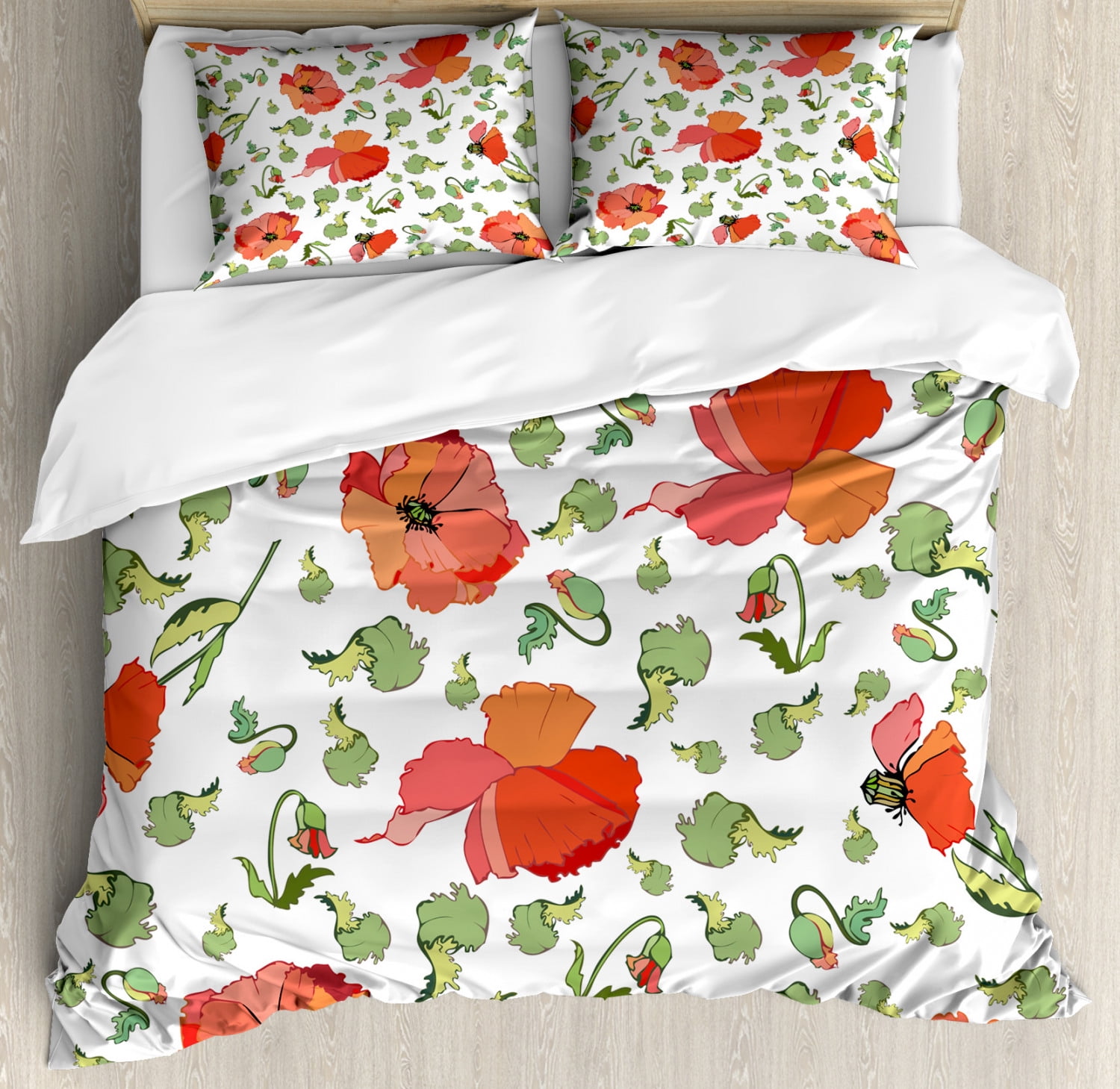 Poppy Duvet Cover Set Queen Size, Buds Stems and Flower Heads Scattered ...
