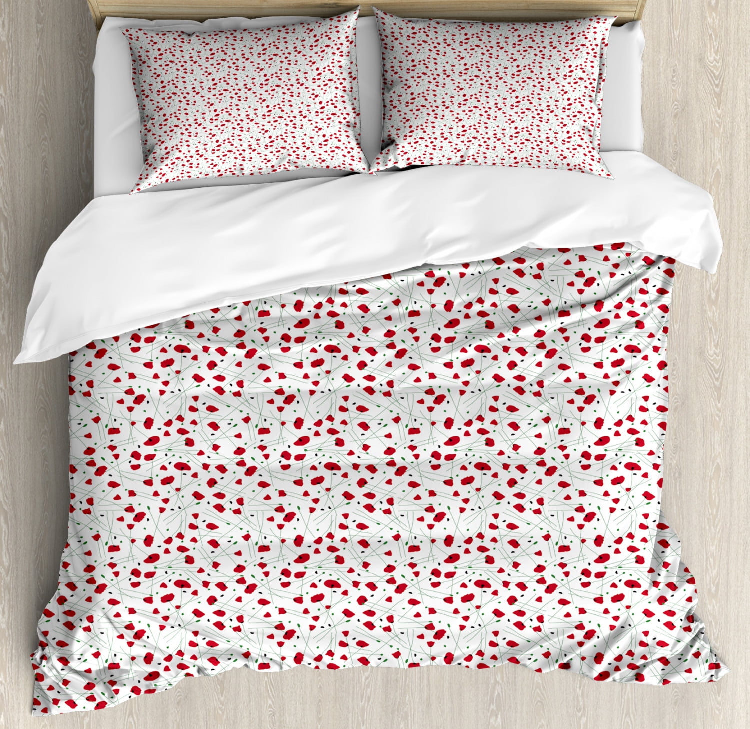 Poppy Duvet Cover Set Queen Size, Overlapping Flowers with Thin Long ...