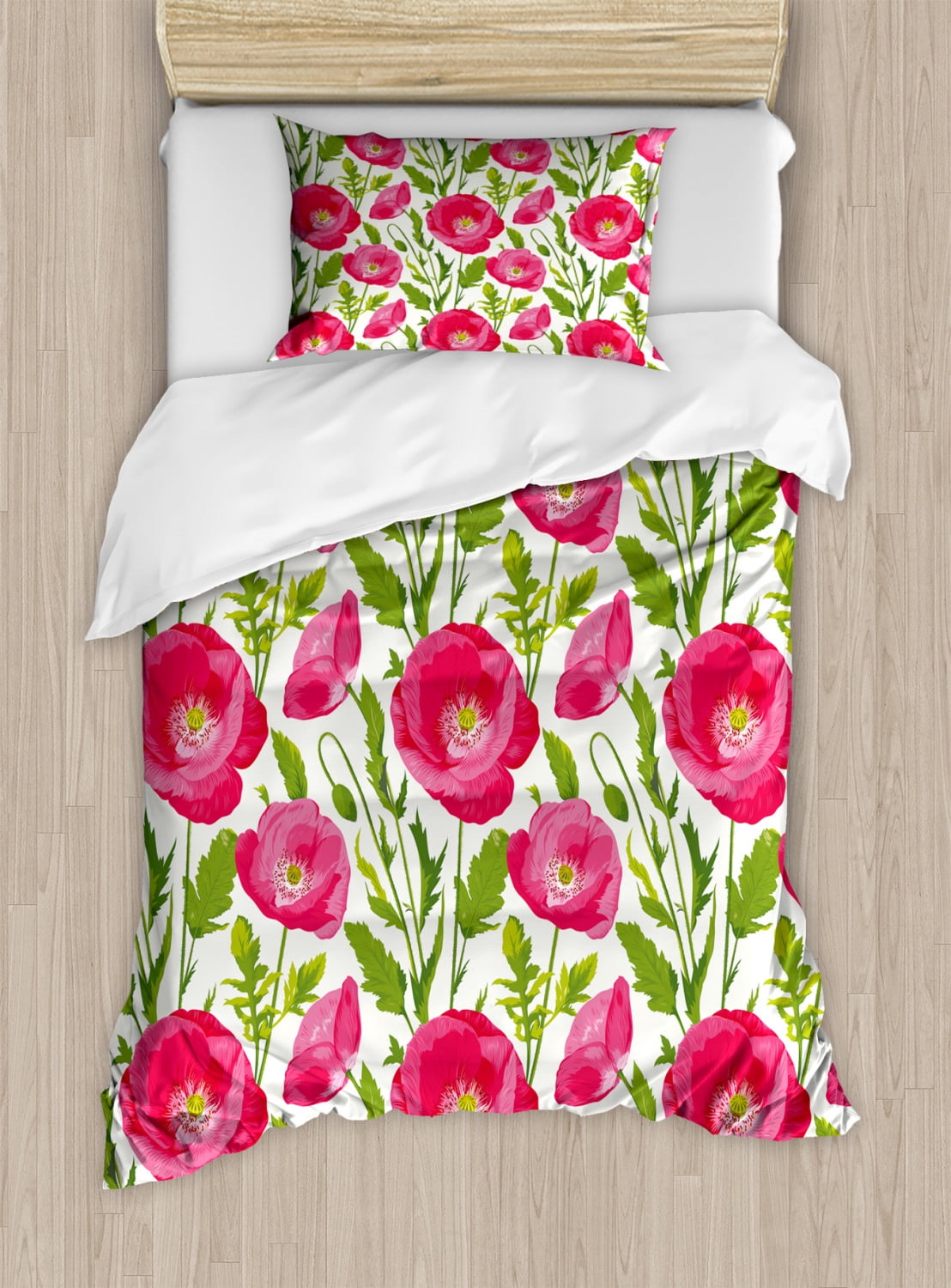 Poppy Duvet Cover Set Twin Size, Leaves and Petals Watercolor Flowers ...