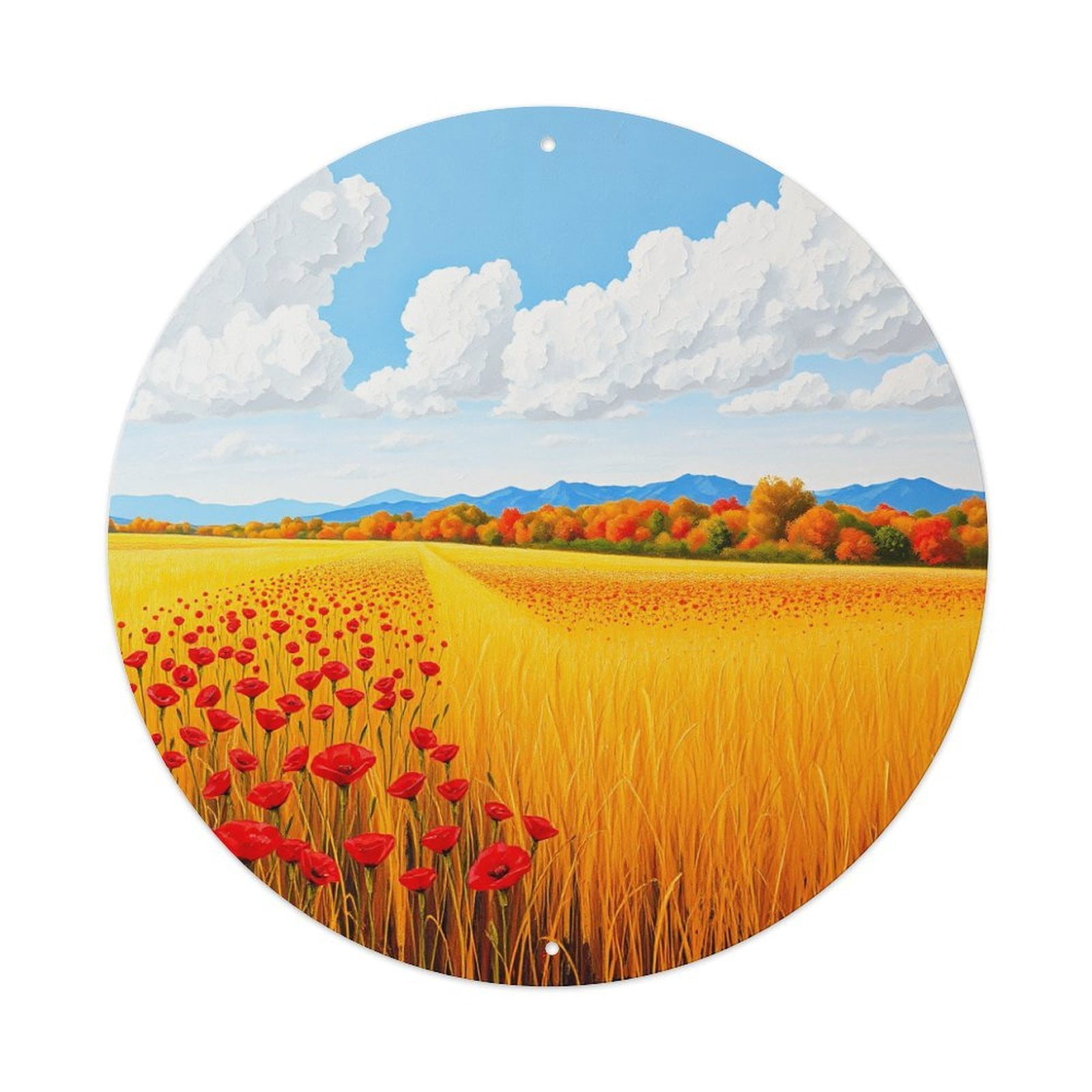Poppy Field Mountain Landscape7.9x7.9in Round Aluminum Plaque Wall Art ...