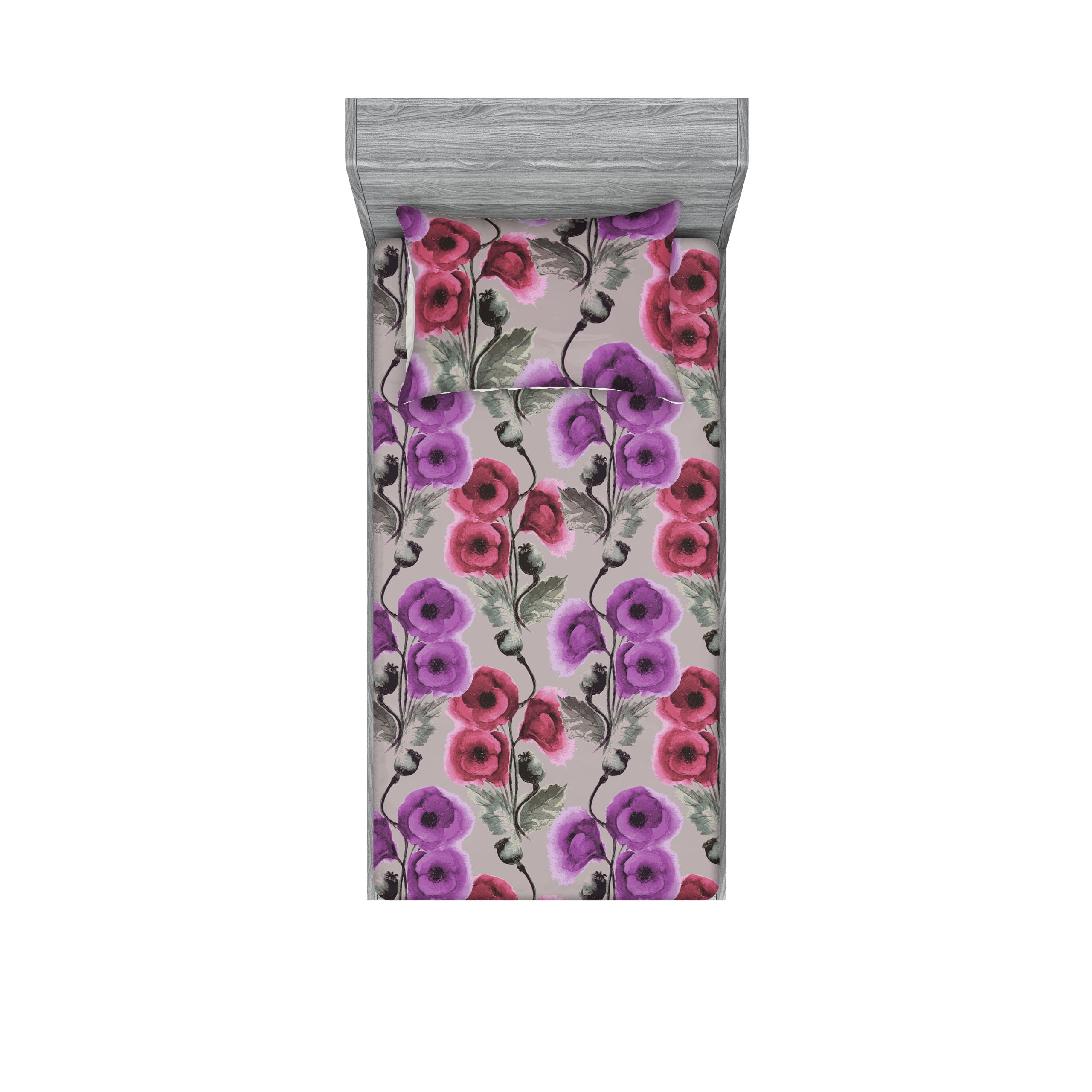 Poppy Fitted Sheet & Pillow Sham Set, Retro Themed Vertical Jungle Boho ...