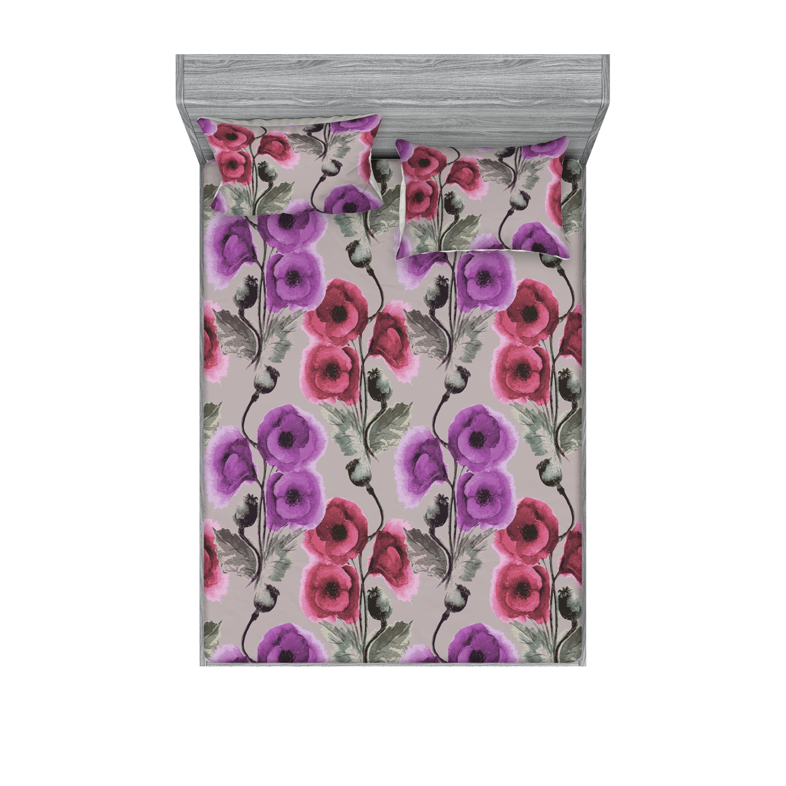 Poppy Fitted Sheet & Pillow Sham Set, Retro Themed Vertical Jungle Boho ...