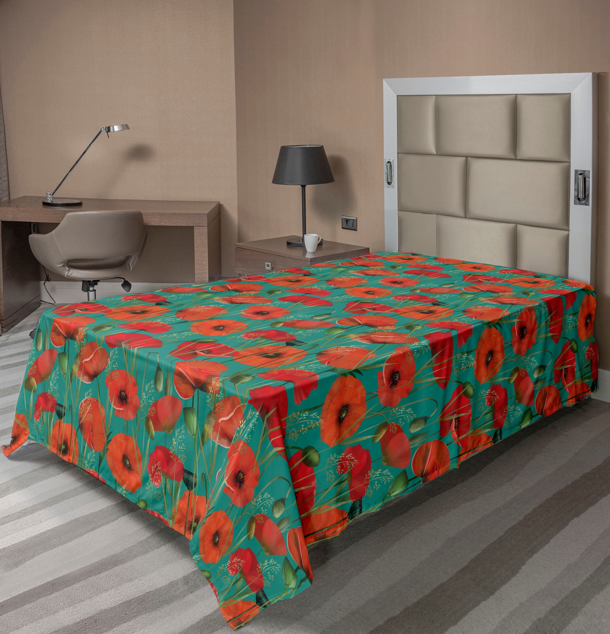 Poppy Flat Sheet, Retro Meadow Blossom of Flowers Romantic Botanical ...