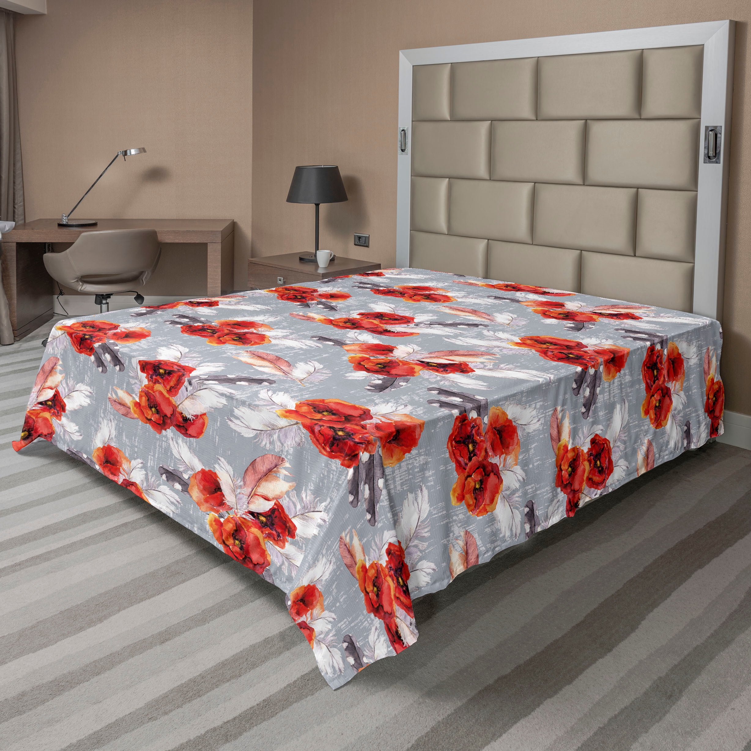 Poppy Flat Sheet, Vintage Themed Flowers Boho Pattern with Feathers on ...