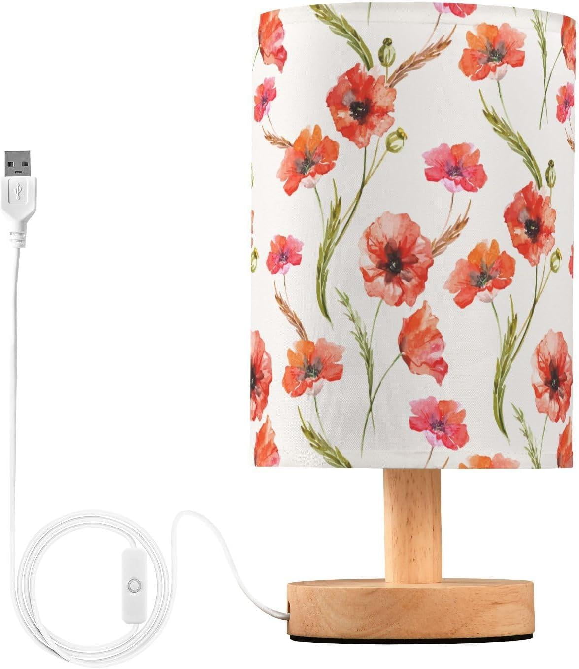 Poppy Floral Wood Base Lamp with Linen Shade for Bedroom & Office ...