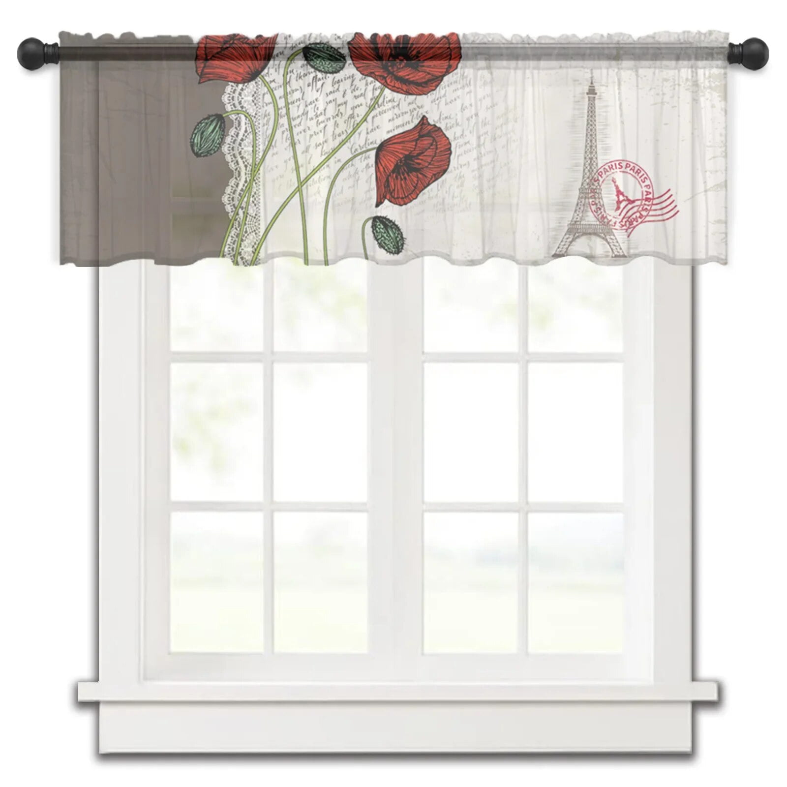 Poppy Flower Butterfly Plant Burlap Kitchen Small Curtain Tulle Sheer ...