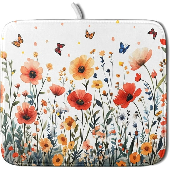 Poppy Flower Dish Drying Mat 16x18 Inch Floral Leaves Dish Drainer ...