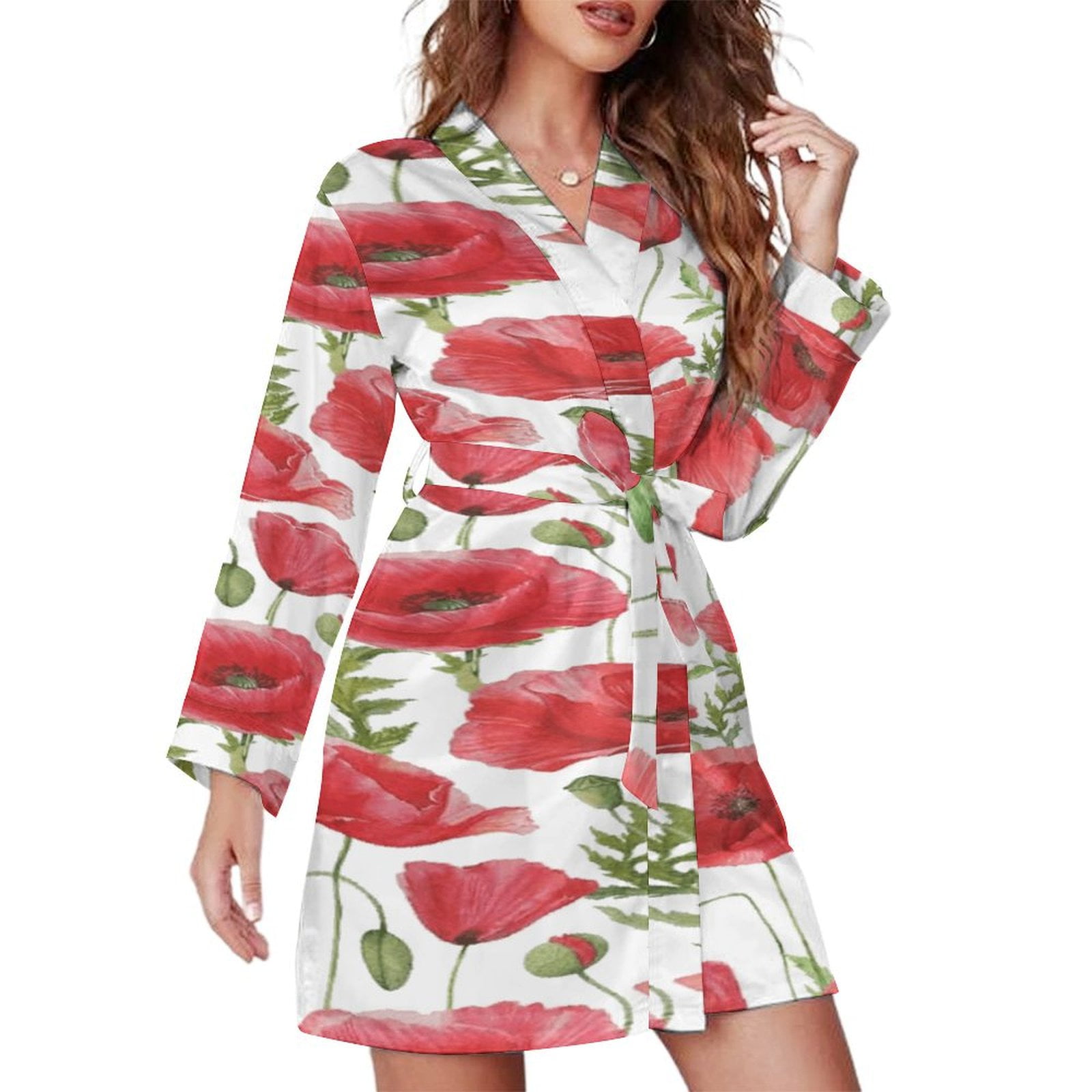 Poppy Flower Draw Night Robe Long Sleeve V Neck Robe With Belt Women's ...