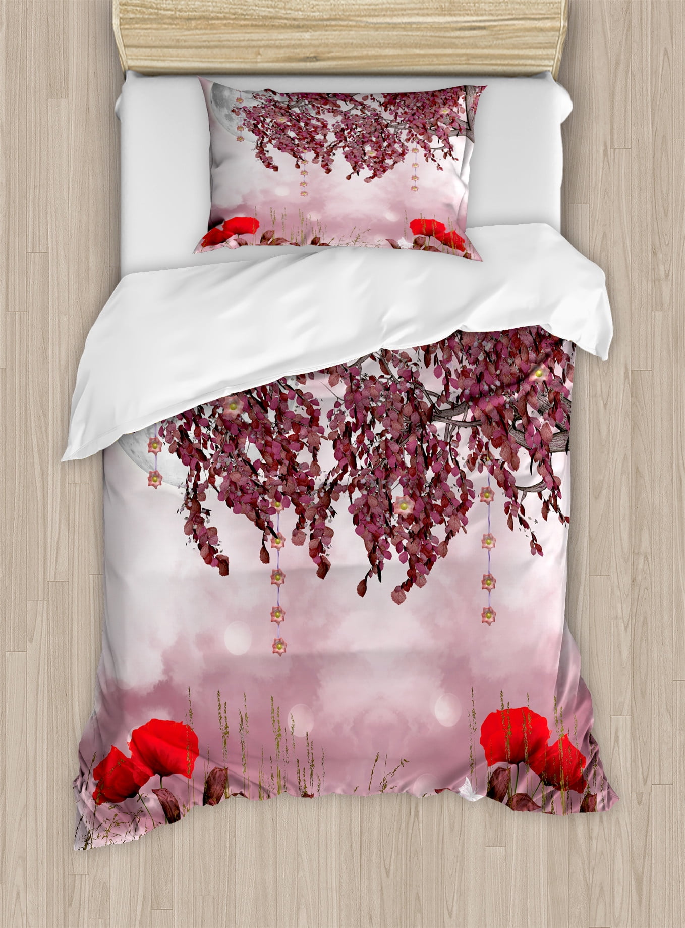 Poppy Flower Duvet Cover Set, Dream Garden with Poppies Full Moon ...