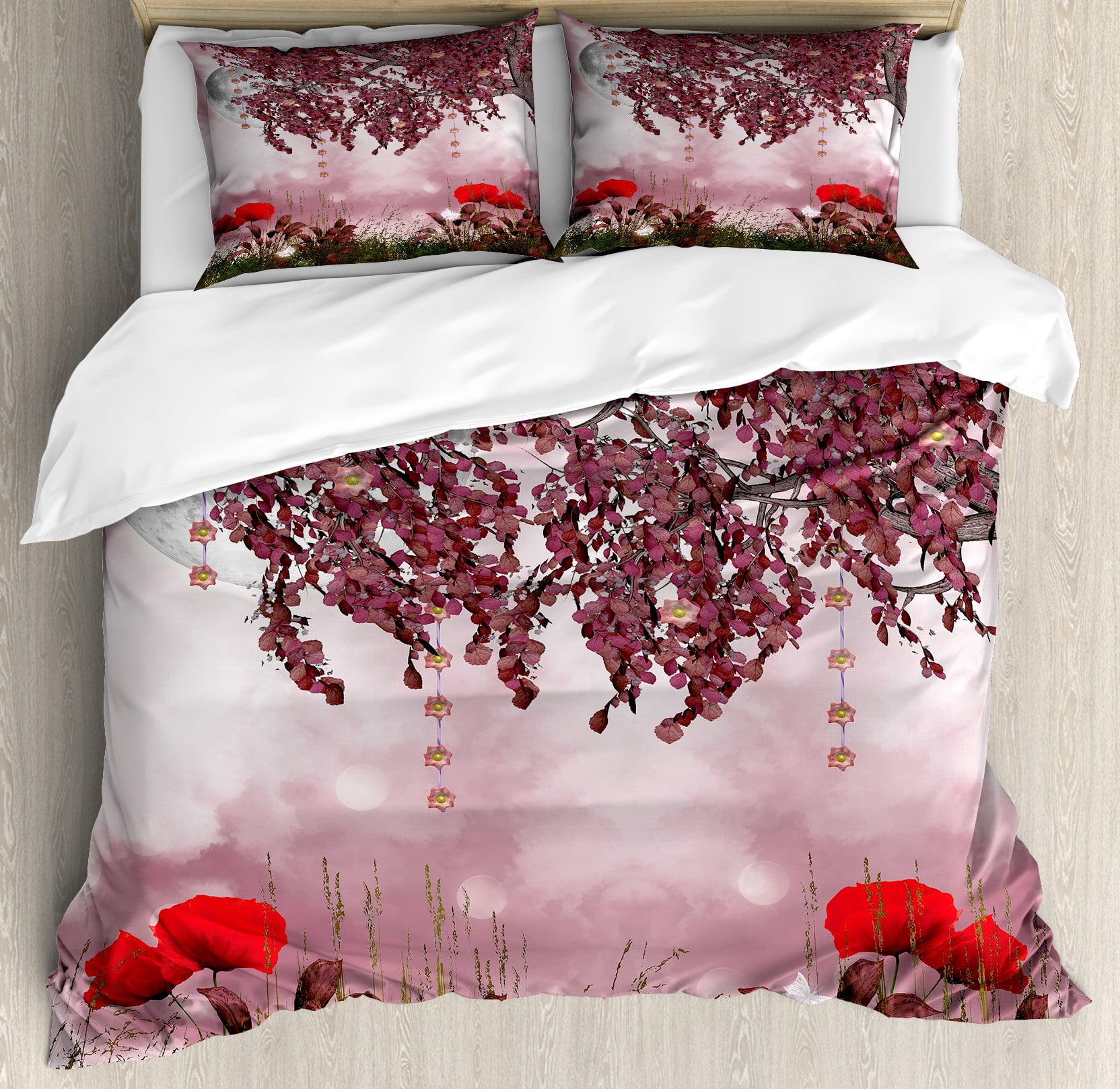 Poppy Flower Duvet Cover Set, Dream Garden with Poppies Full Moon ...