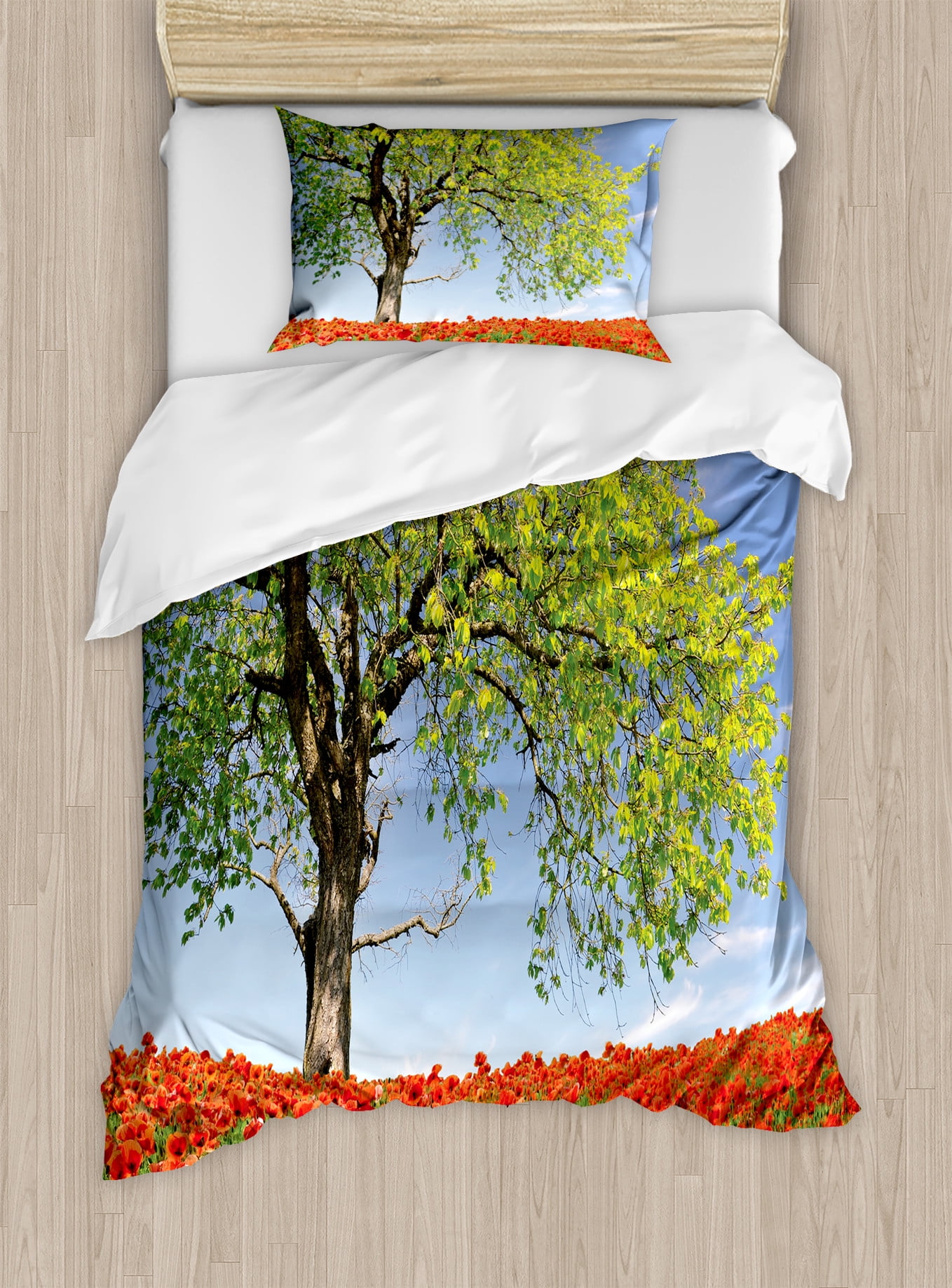 Poppy Flower Duvet Cover Set, Landscape of Blooming Poppies on Field ...