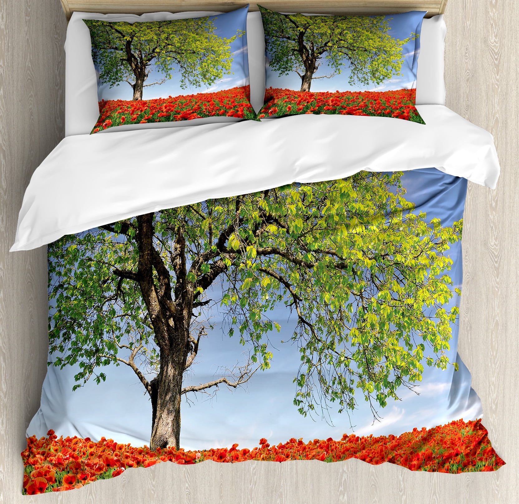 Poppy Flower Duvet Cover Set, Landscape of Blooming Poppies on Field ...