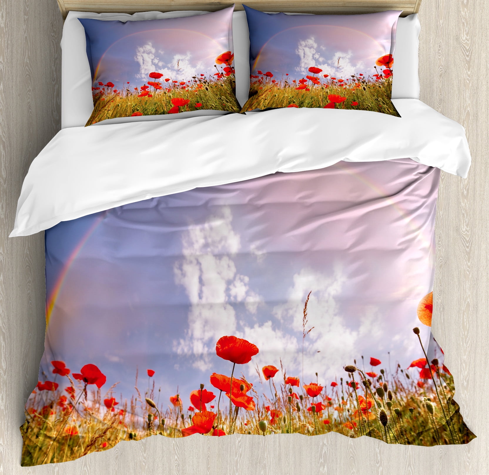 Poppy Flower Duvet Cover Set, Meadow with Poppies and Rainbow ...