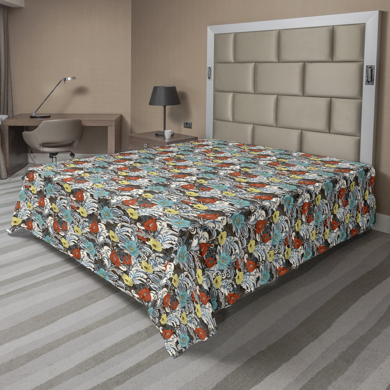 Poppy Flower Flat Sheet, Cartoon Hand Drawn Colorful Flourishing Garden ...