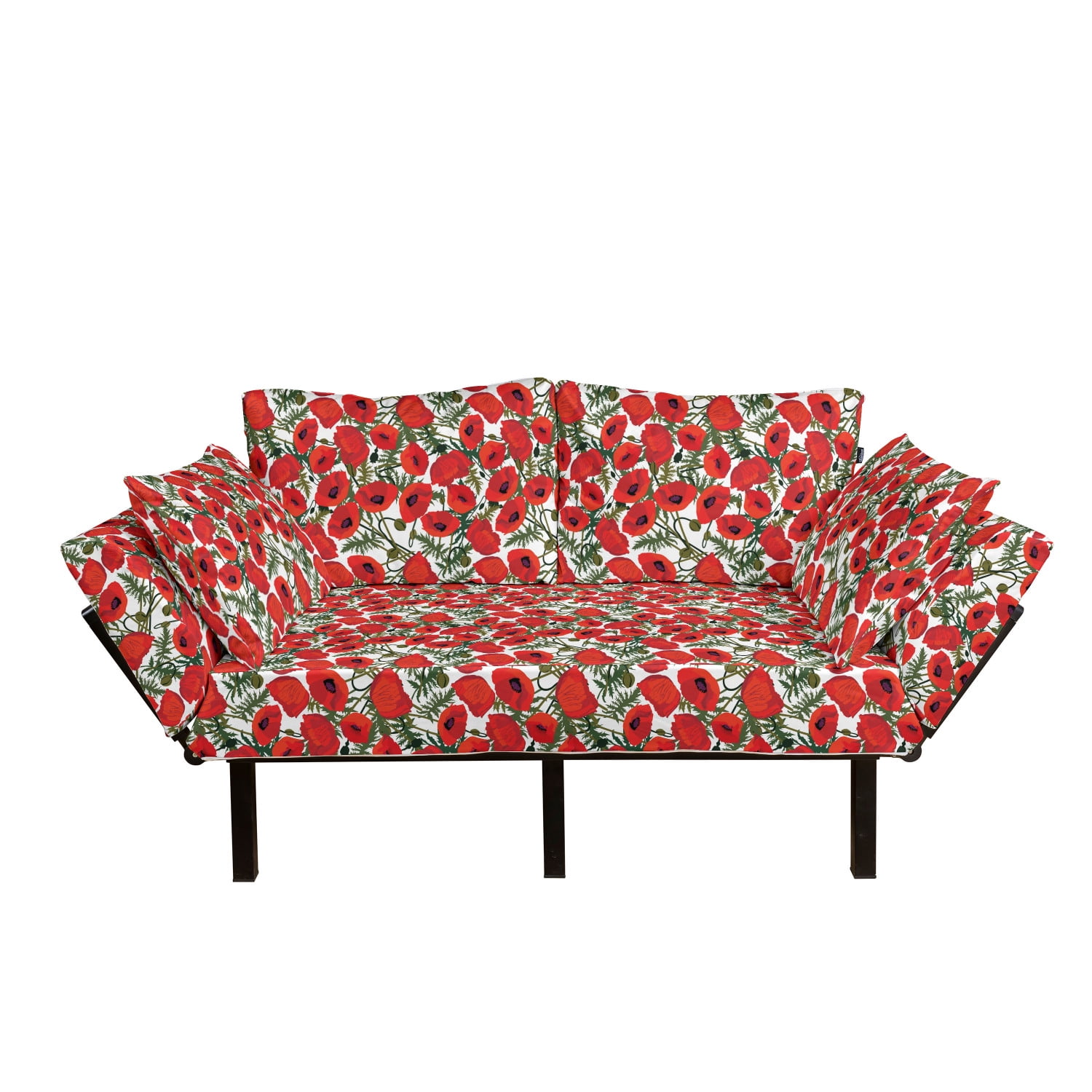 Poppy Flower Futon Couch, Abstract Pattern with Garden Foliage ...