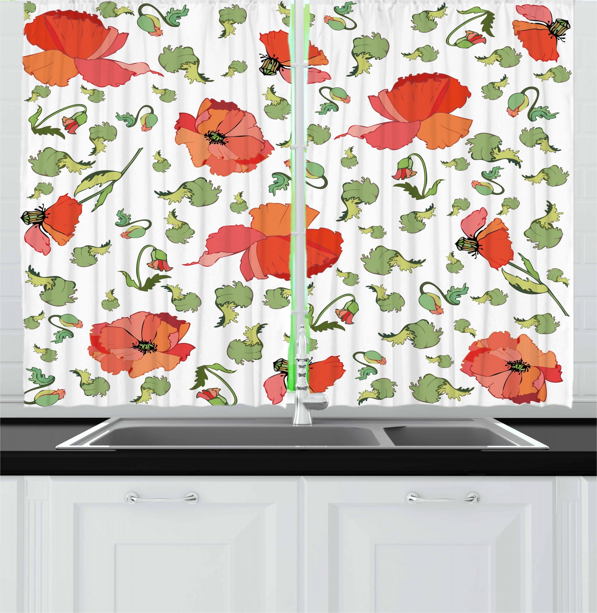 Poppy Flower Kitchen Curtains, Buds Stems and Heads Scattered Hand ...