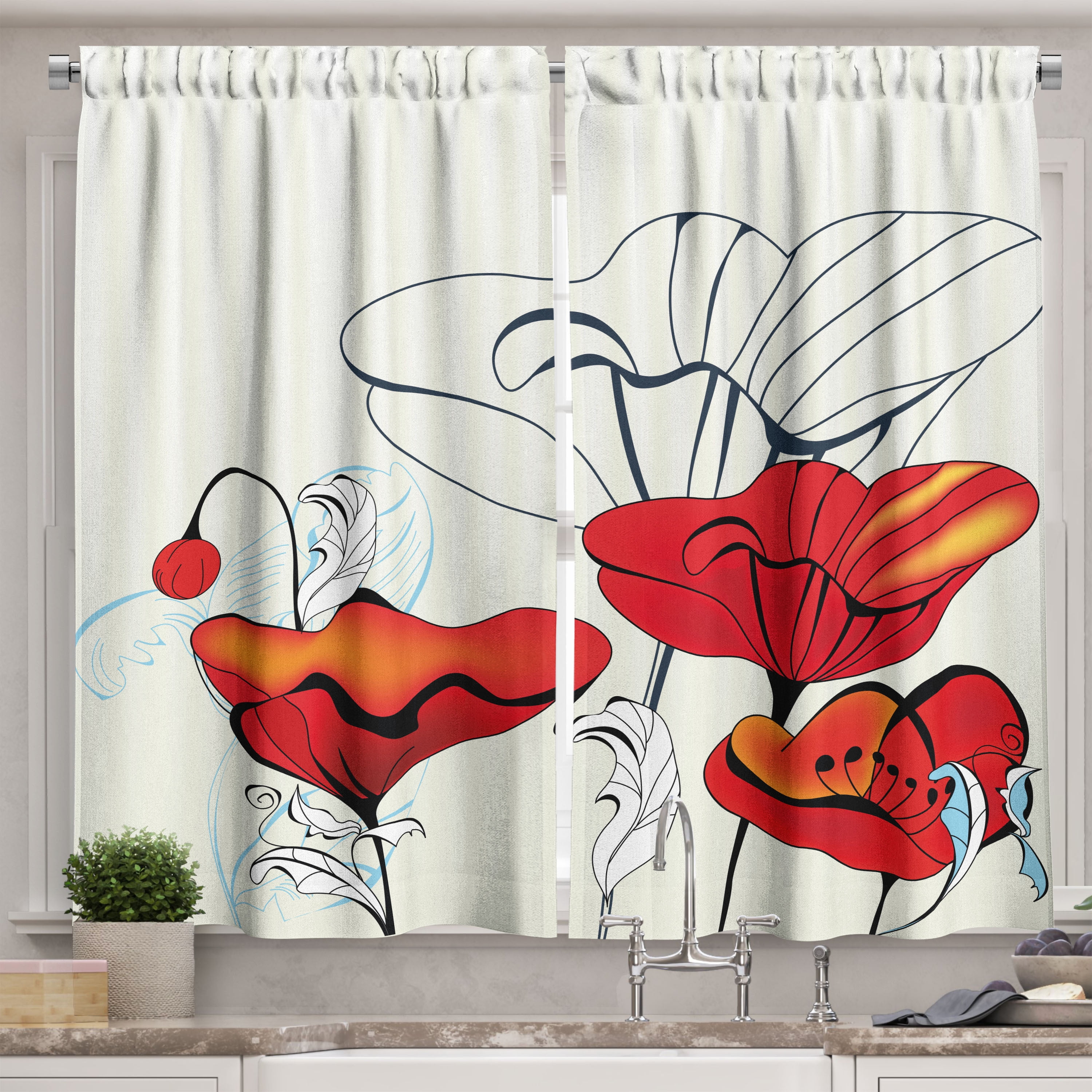 Poppy Flower Kitchen Curtains, Florets and Buds with Curly Leaves and ...