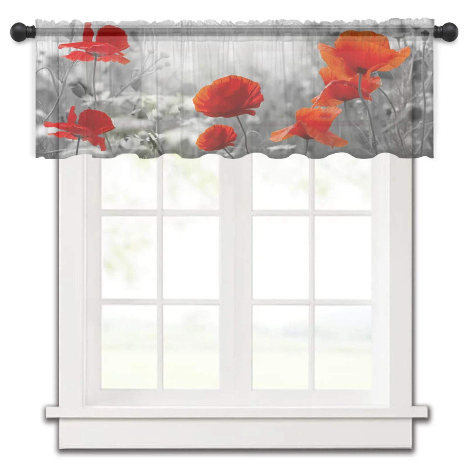 Poppy Flower Red Short Tulle Curtains Bedroom Voile Sheer Half Curtain ...