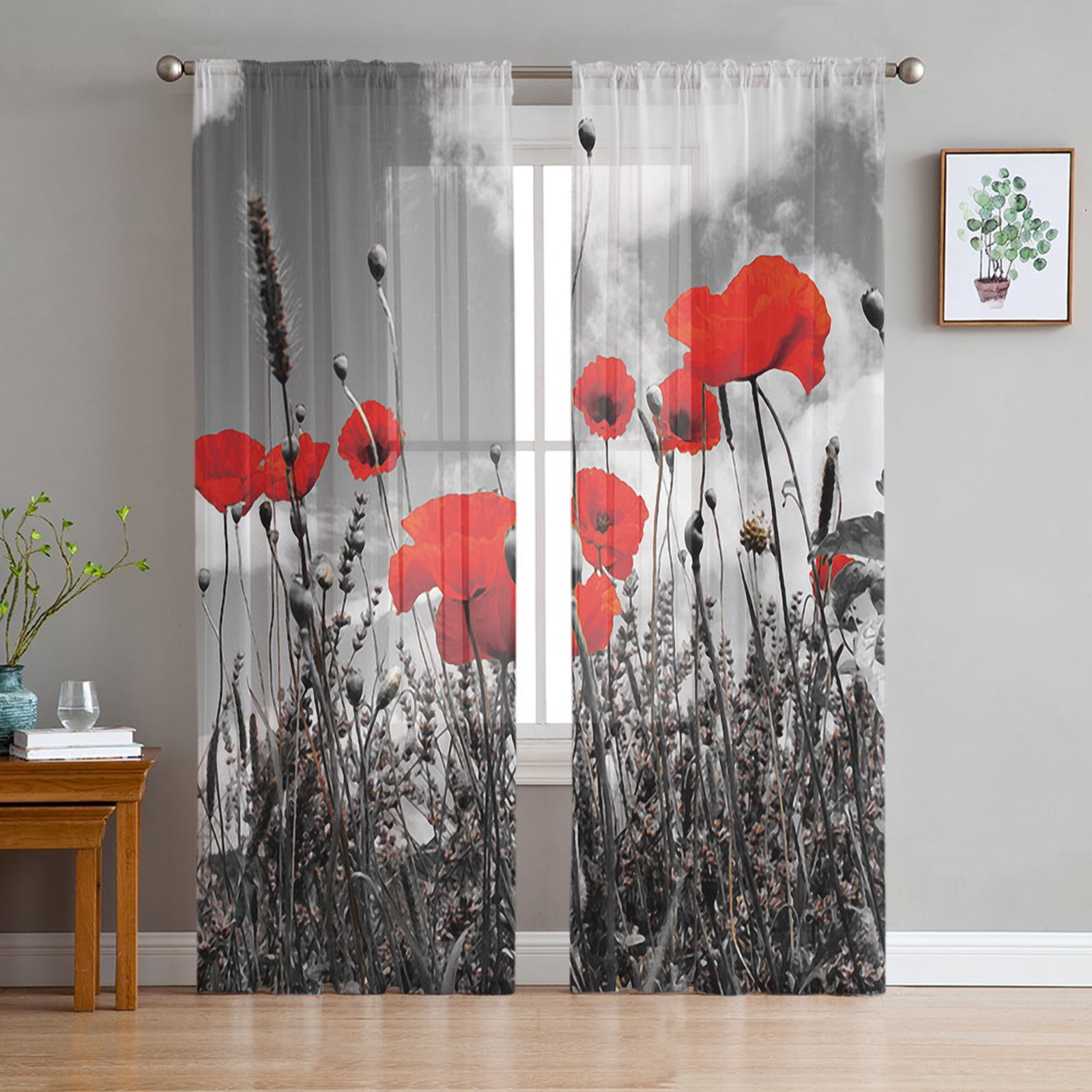 Poppy Flower Red Window Curtains Bedroom Modern Drape Sheer Tulle ...