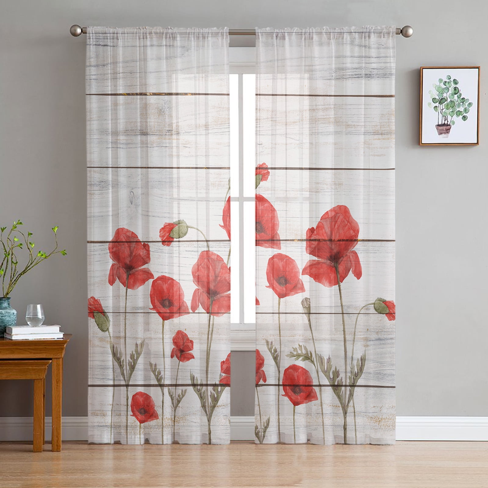 Poppy Flower Red Window Curtains Bedroom Modern Drape Sheer Tulle ...