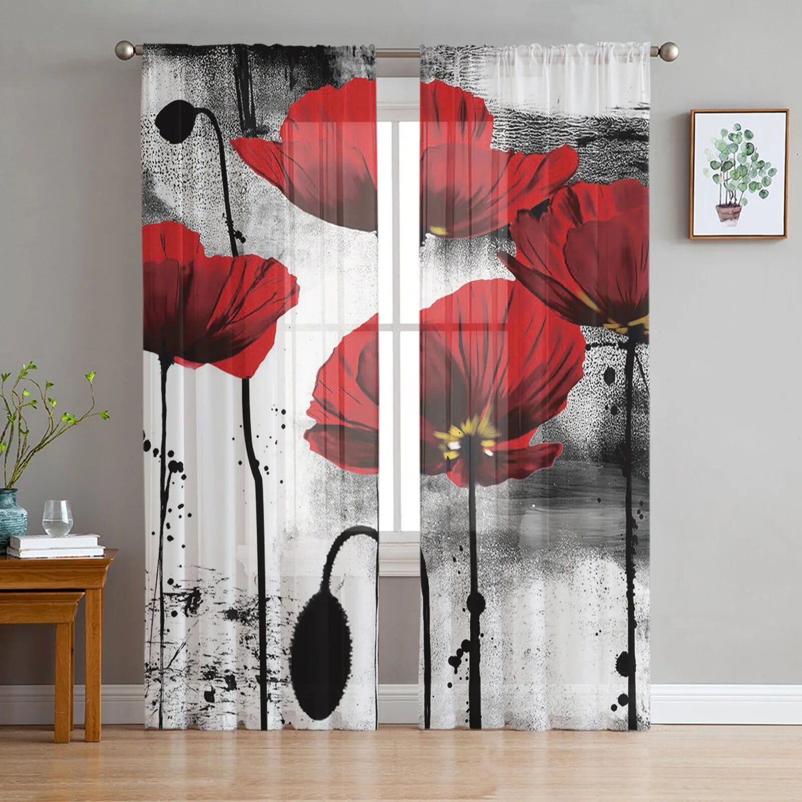 Poppy Flower Red Window Curtains Bedroom Modern Drape Sheer Tulle ...