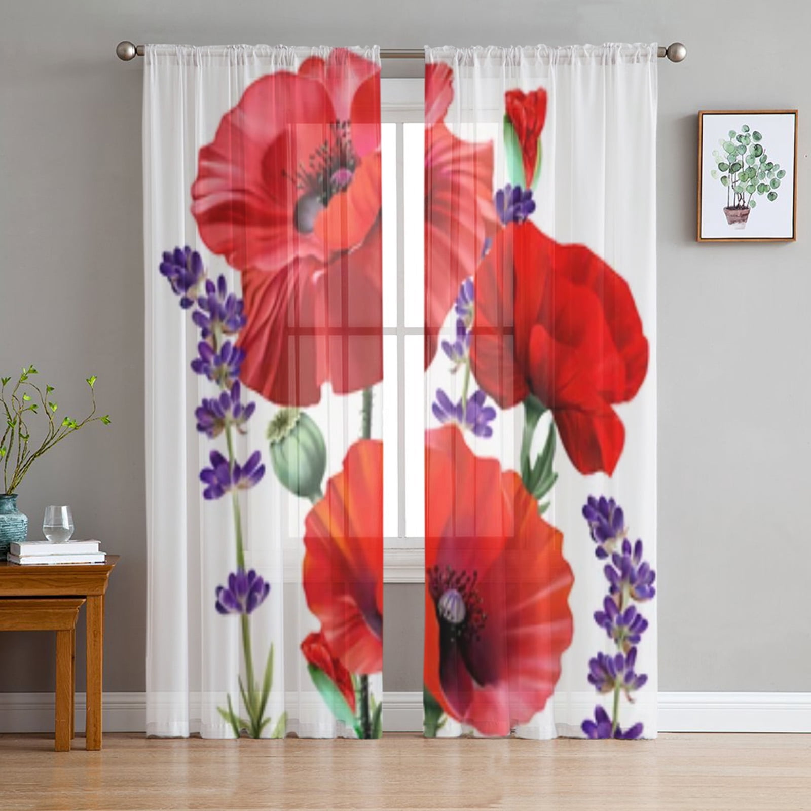 Poppy Flower Sheer Curtains for Living Room Bedroom Tulle Curtains ...