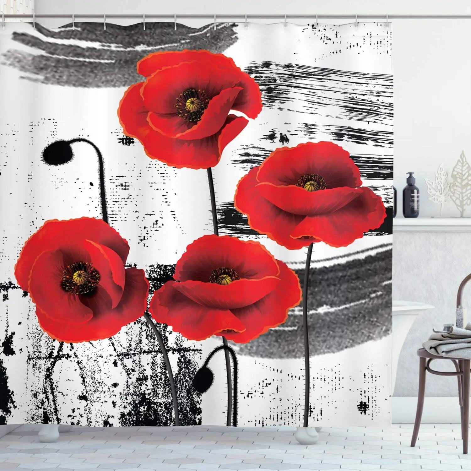 Poppy Flower Shower Curtains Composition of Blossomings with Grunge ...