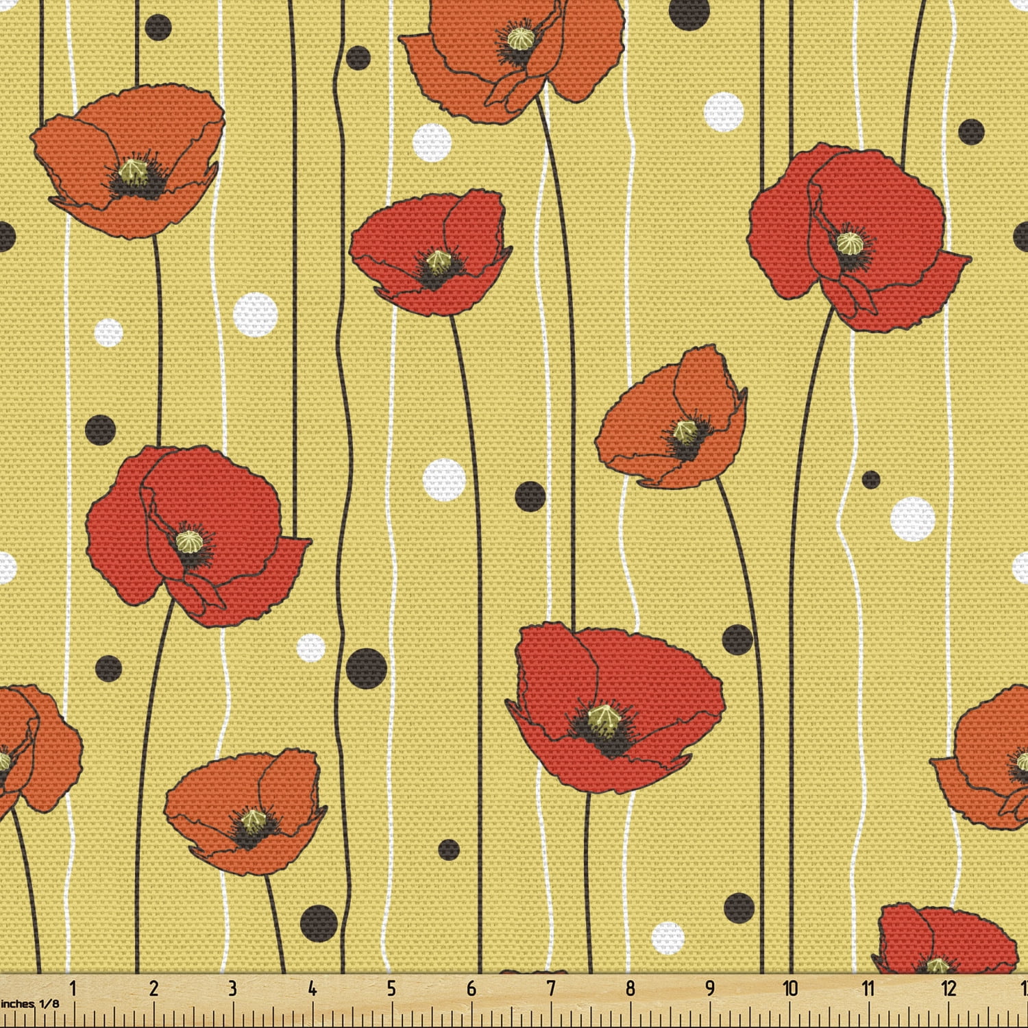 Ambesonne Poppy Flower Fabric by the Yard Upholstery, Lines with Dots ...