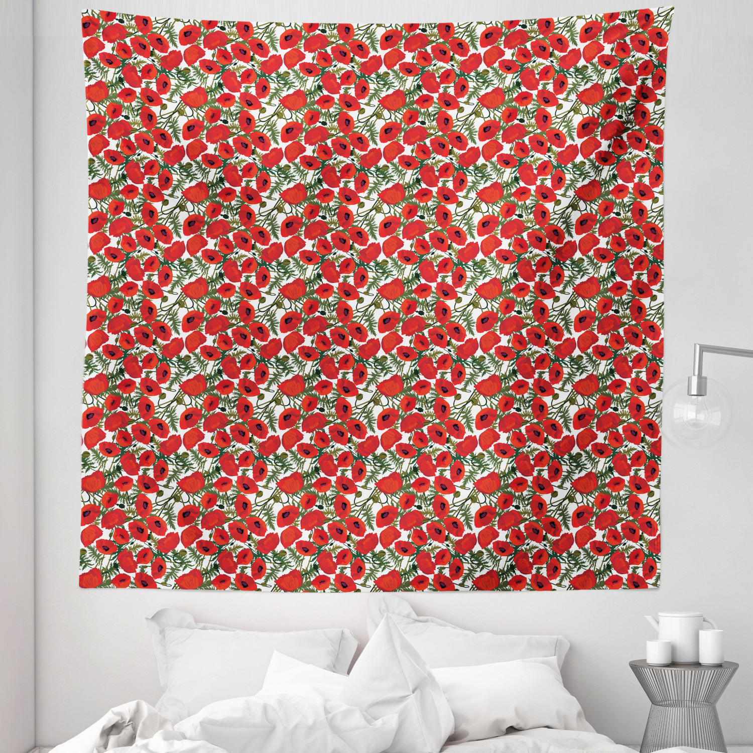 Poppy Flower Tapestry, Abstract Pattern with Garden Foliage Botanical ...