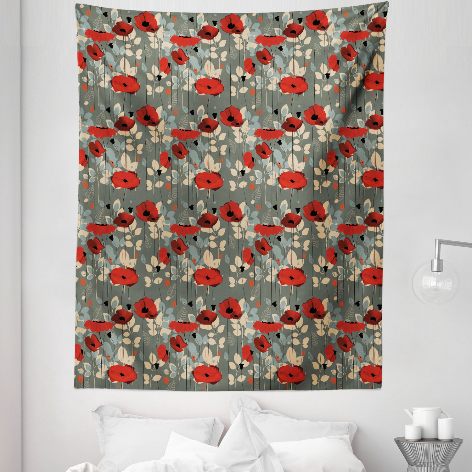 Poppy Flower Tapestry, Abstraction of a Growing Floral Garden Leaves ...