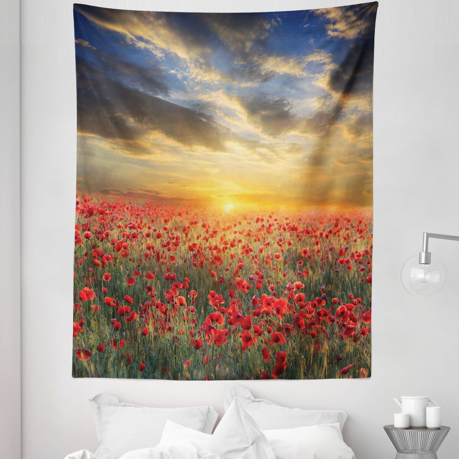 Poppy Flower Tapestry, Poppy Field Sunset Sky Evening View Golden ...