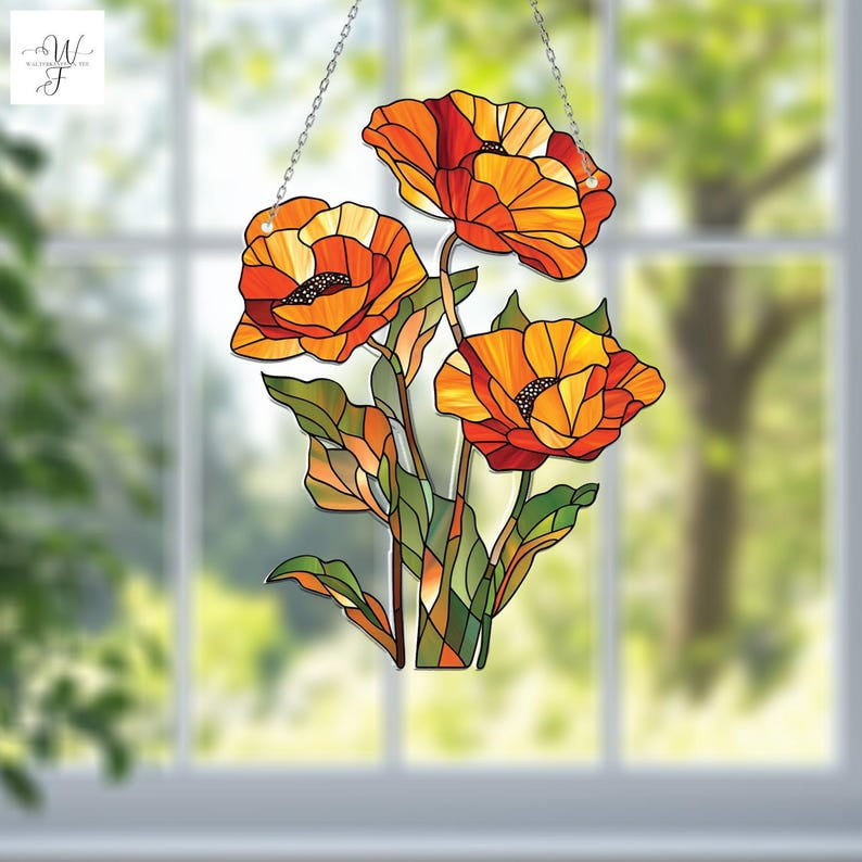 Poppy Flower Window Hanging, Floral Mosaic Sun Catcher, Handmade Garden ...