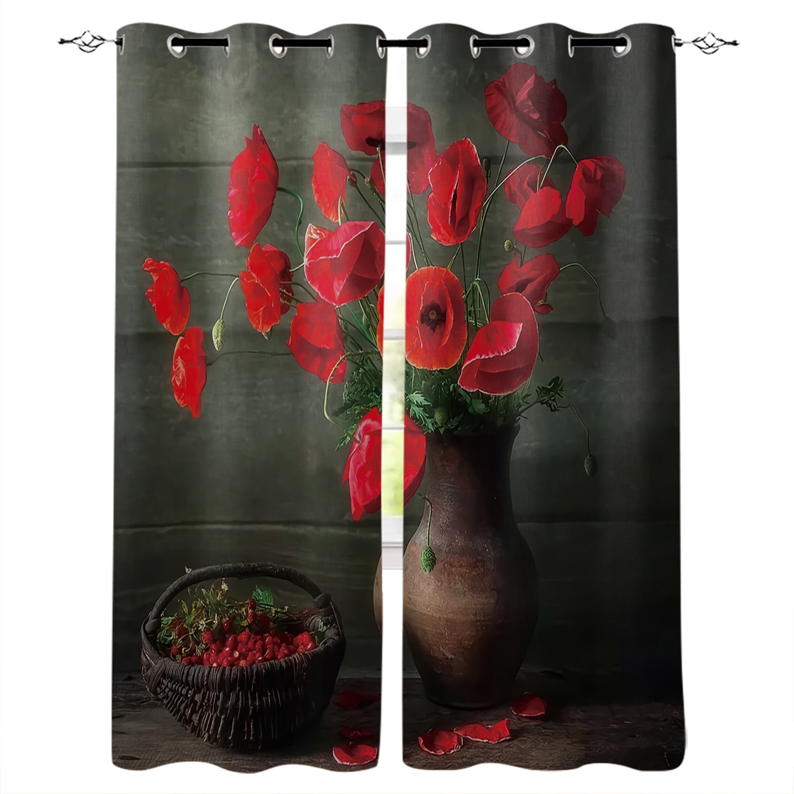 Poppy Flower Wood Board Window Curtains Living Room Kitchen Curtains ...