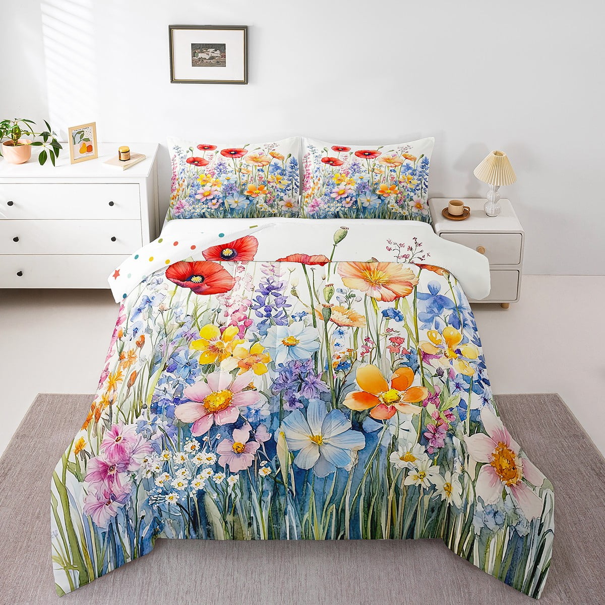 Poppy Flowers Comforter Set Boho Floral Twin Bedding Sets,Jungle Plant ...