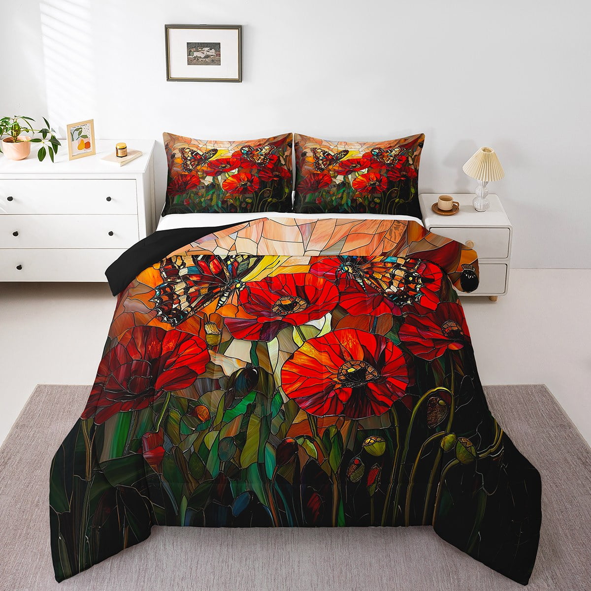 Poppy Flowers Comforter Set King Size,Rustic Blooming Red Flowers ...