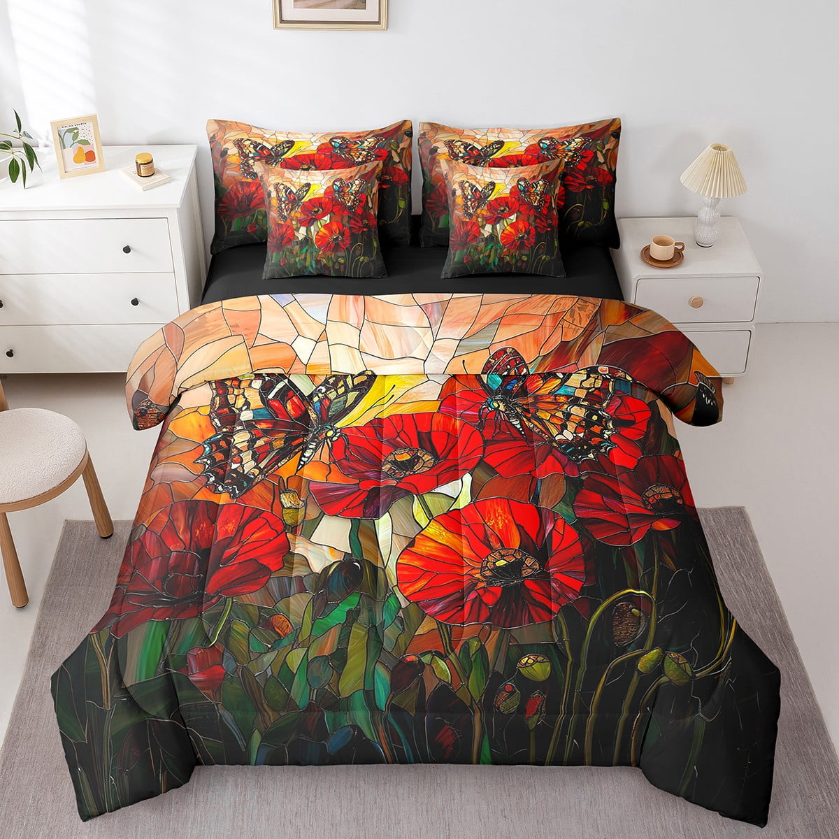 Poppy Flowers Full Bedding Set 7 Pieces,Rustic Blooming Red Flowers ...