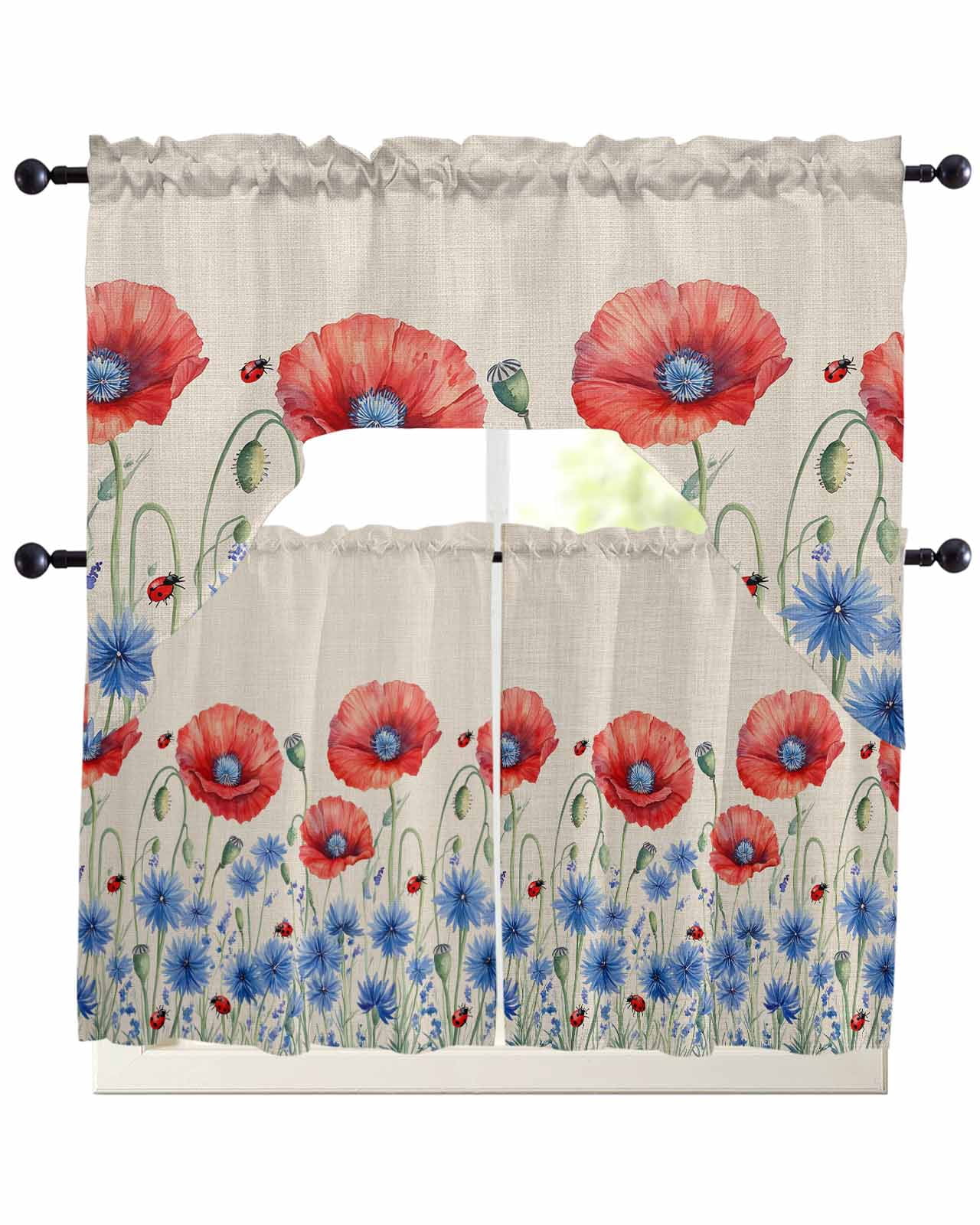 Poppy Flowers Kitchen Curtains Sets 36 Inch Length with Valance, Red ...