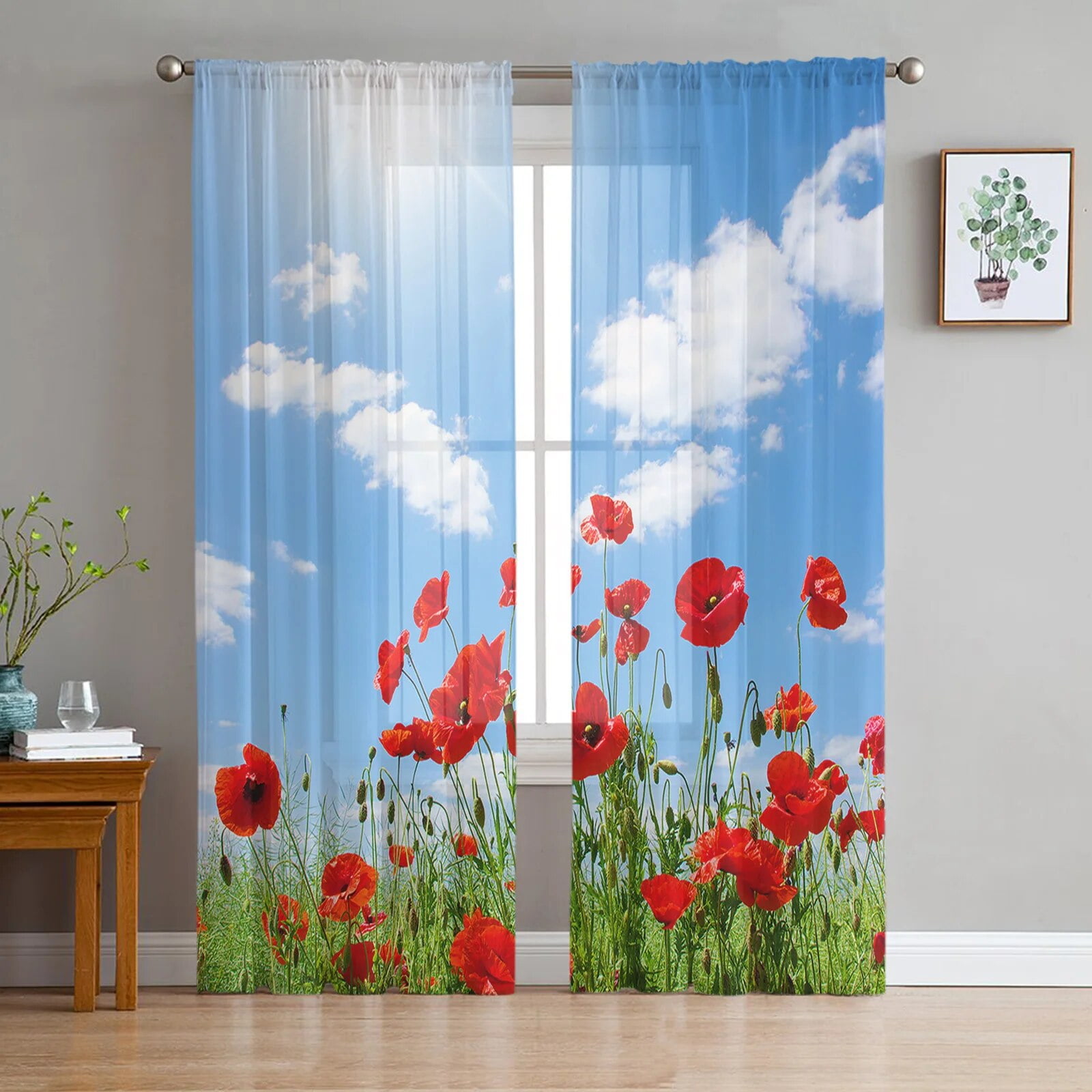 Poppy Flowers Sky Clouds Modern Tulle Curtains for Living Room Bedroom ...