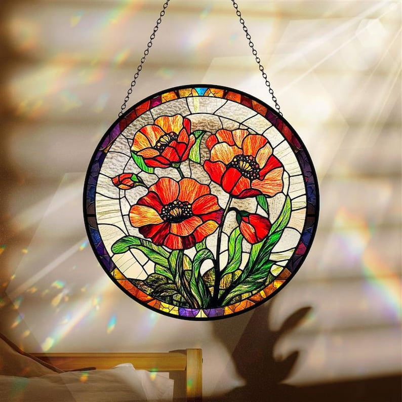 Poppy Flowers Suncatcher, Stained Glass Plant Home Decor, Unique ...